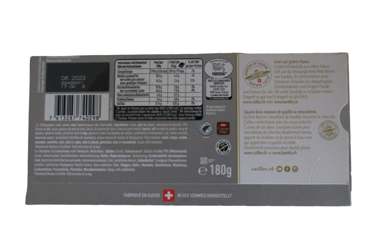 Cailler Kambly Tablette Noir 180g, made by Cailler of Switzerland