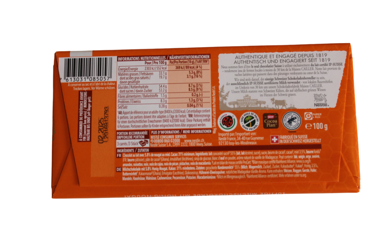 Milk with honey nougat 100g, made by Cailler of Switzerland - choco...