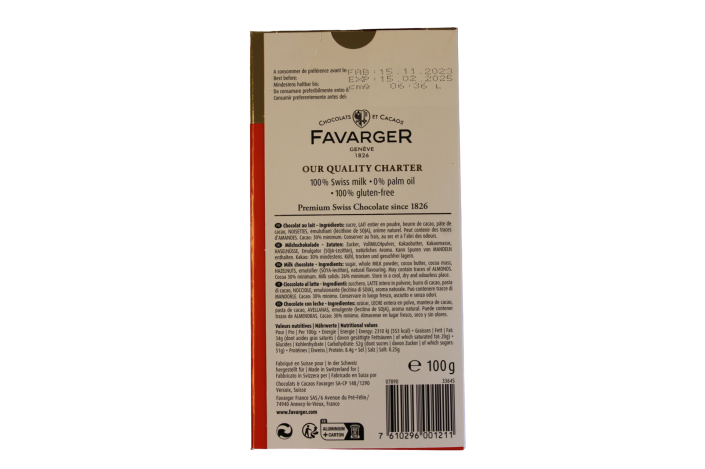 Milk chocolate 100g, made by Favarger - chocolate from Switzerland