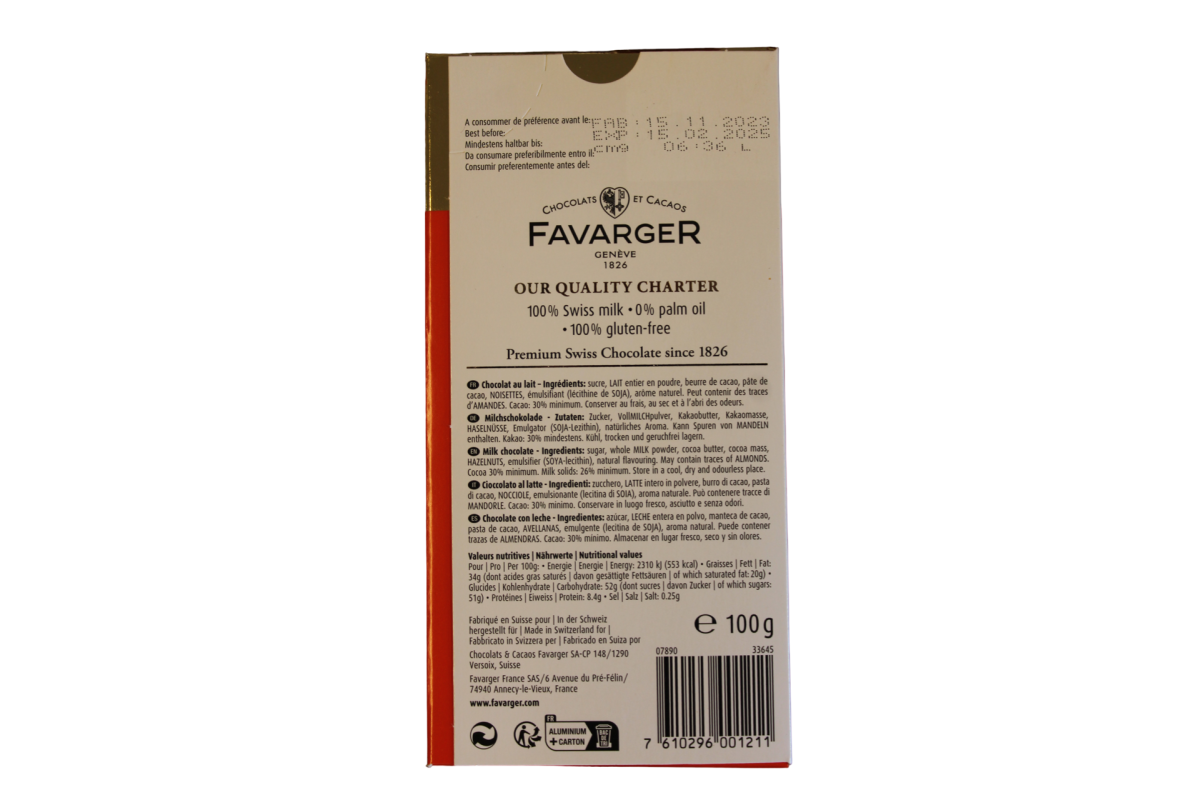 Milk chocolate 100g, made by Favarger - chocolate from Switzerland